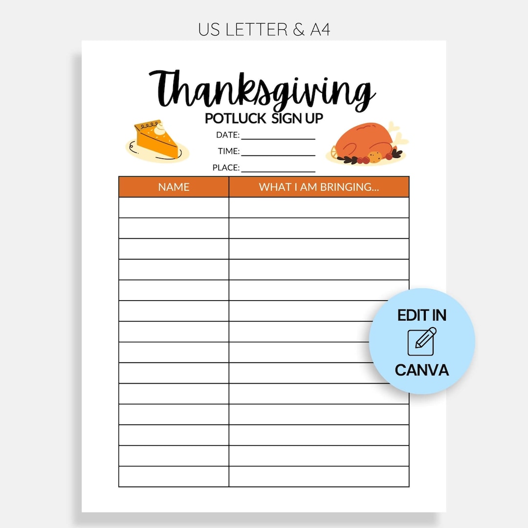 Potluck Sign up Sheet for Thanksgiving, Editable Canva Template ...