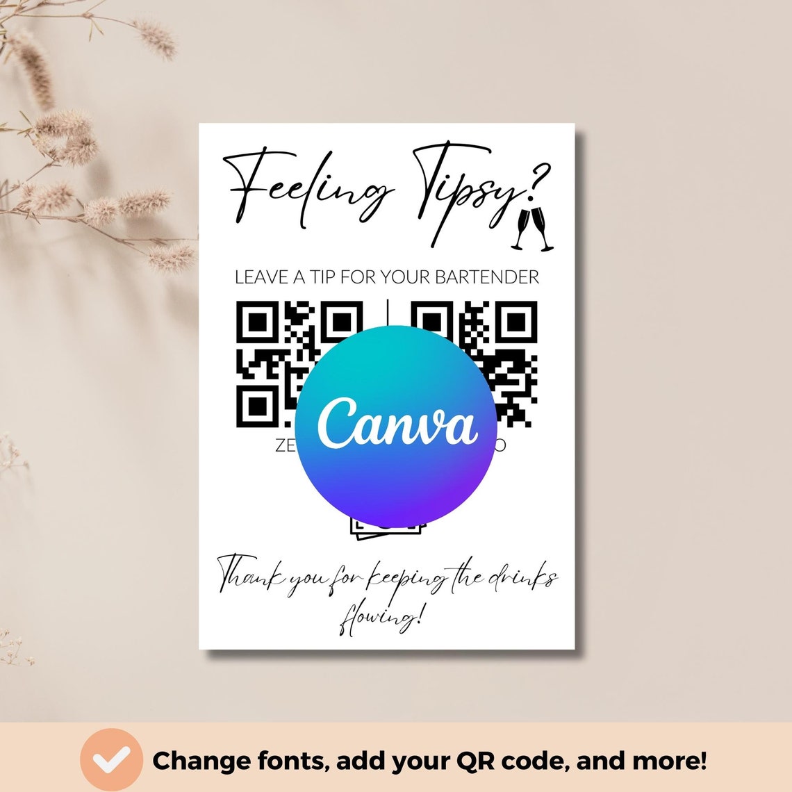 Bartender Tip Sign Zelle, QR Code Sign, Editable Tip Jar Sign Template ...