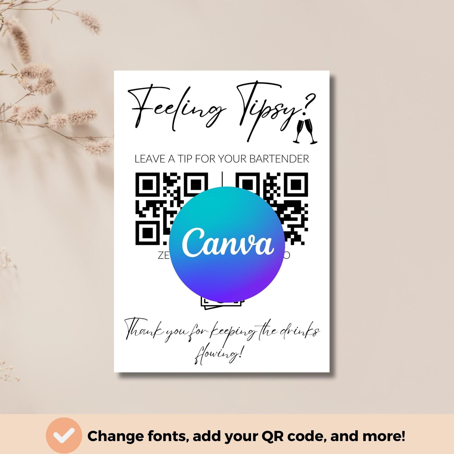 Bartender Tip Sign Zelle, QR Code Sign, Editable Tip Jar Sign Template ...
