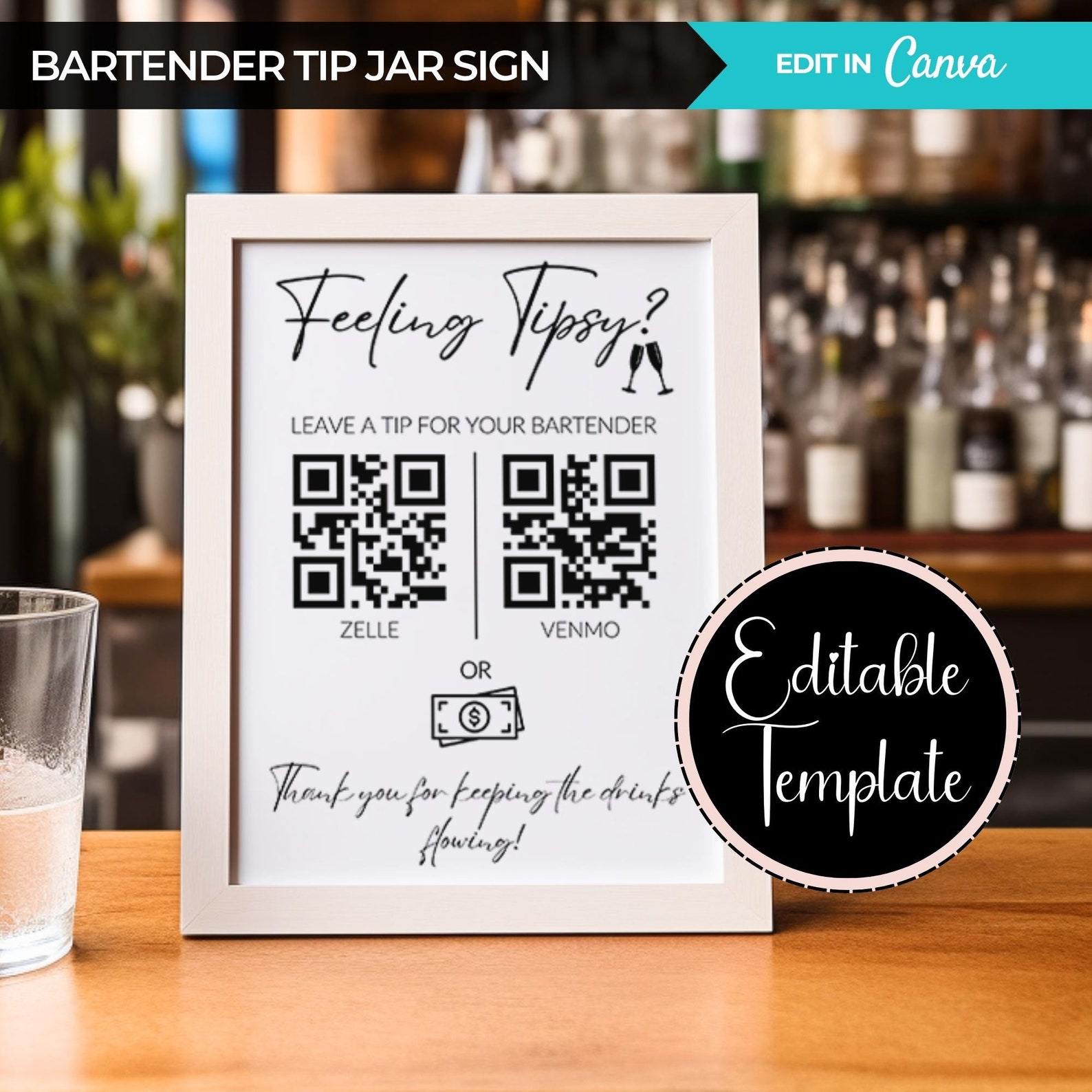Bartender Tip Sign Zelle, QR Code Sign, Editable Tip Jar Sign Template ...