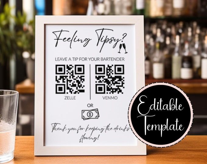 Tip Jar for Wedding QR Code Feeling Tipsy Tip Your Bartender Printable ...