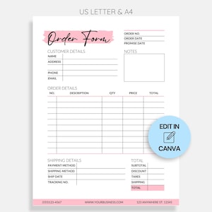 Pink Order Form Template, Custom Order Form Editable Canva Template for ...