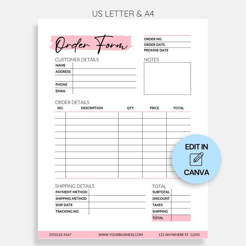 Pink Order Form Template, Custom Order Form Editable Canva Template for ...