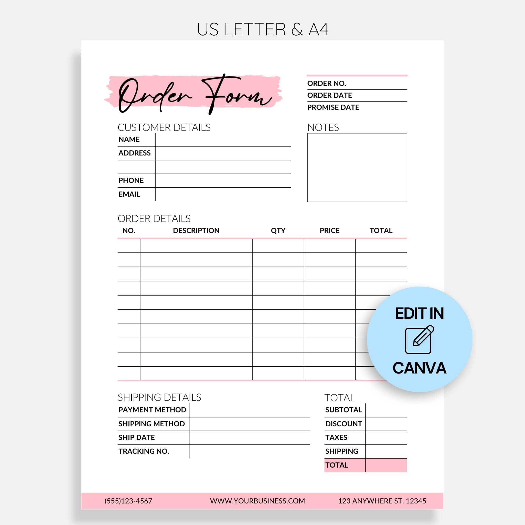 Pink Order Form Template, Custom Order Form Editable Canva Template for ...