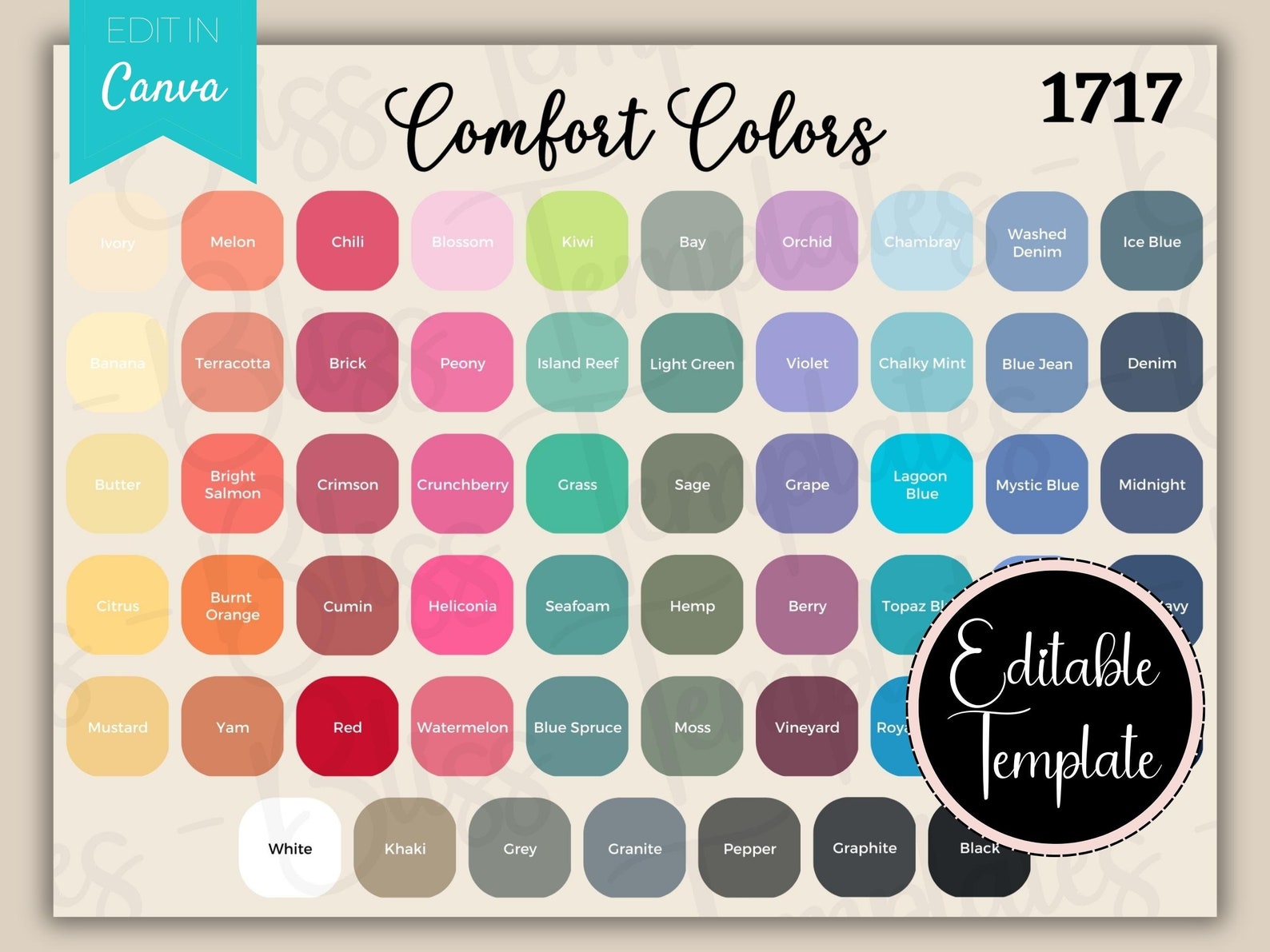 Comfort Colors Color Chart 1717, Editable Color Chart, POD Mockup for ...