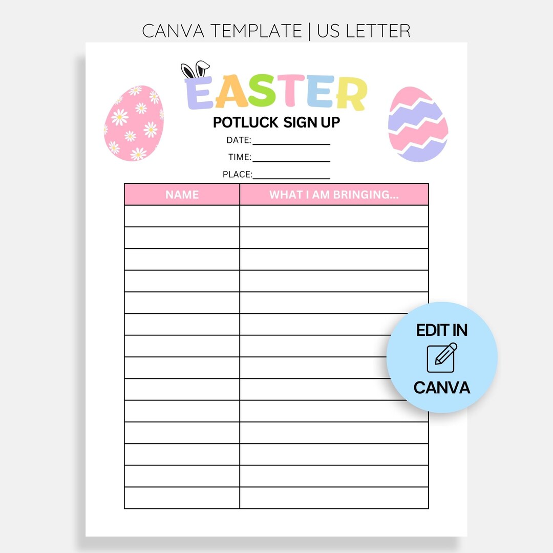 Easter Potluck Sign up Sheet, Editable Canva Template, Printable ...