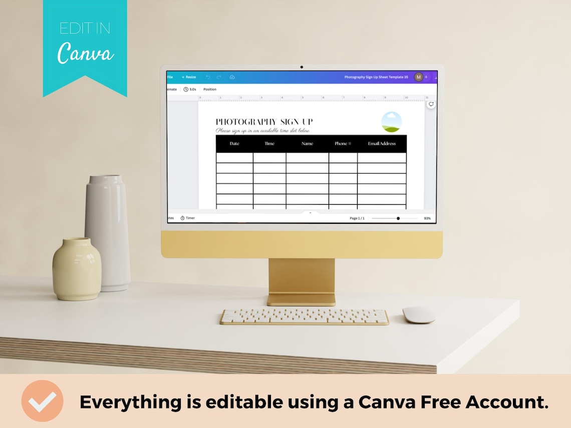 Photography Sign up Sheet, Printable Sign up Template, Editable Sign up ...