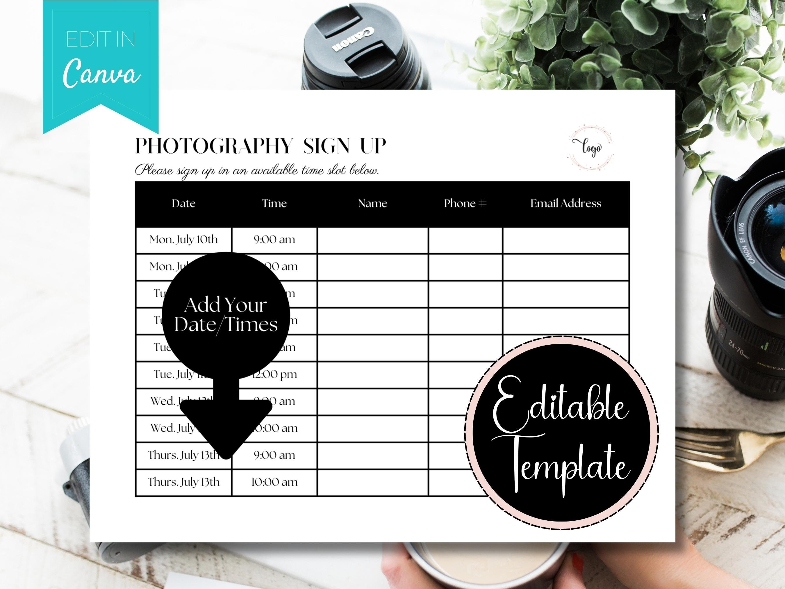 Photography Sign up Sheet, Printable Sign up Template, Editable Sign up ...