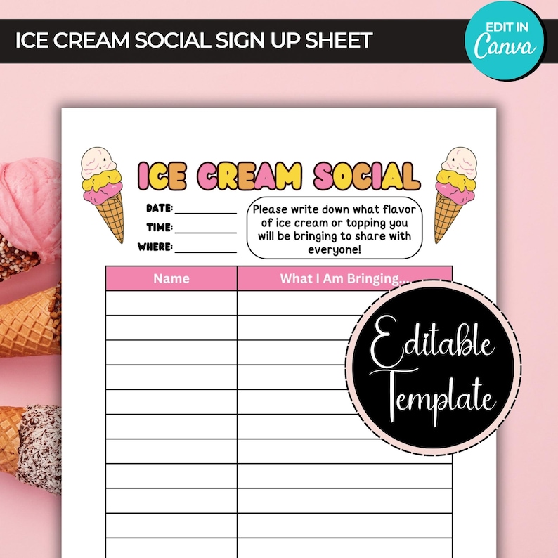 Ice Cream Social Sign up Sheet, Potluck Sign up Sheet, Printable Sign ...