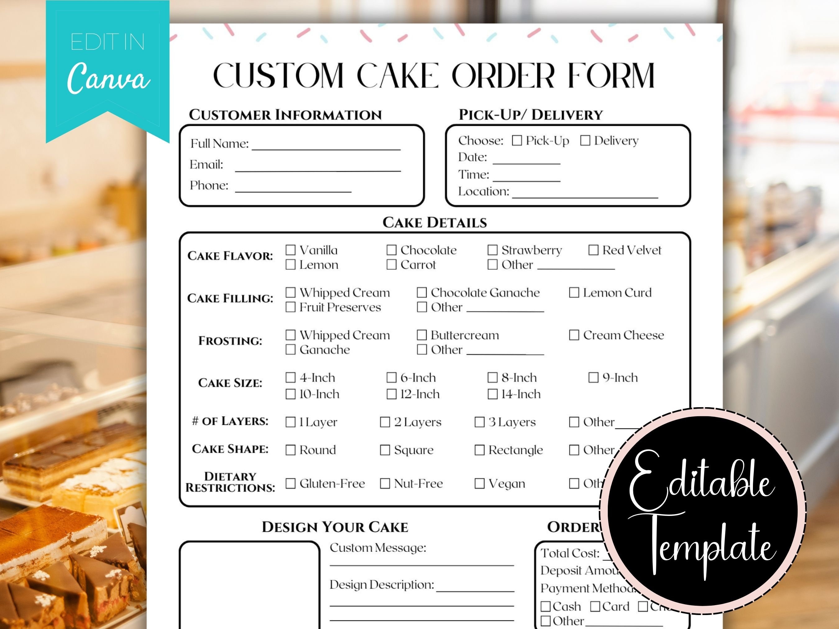 Cake Order Form Template, Wedding Cake Order Form, Bakery Order Form ...