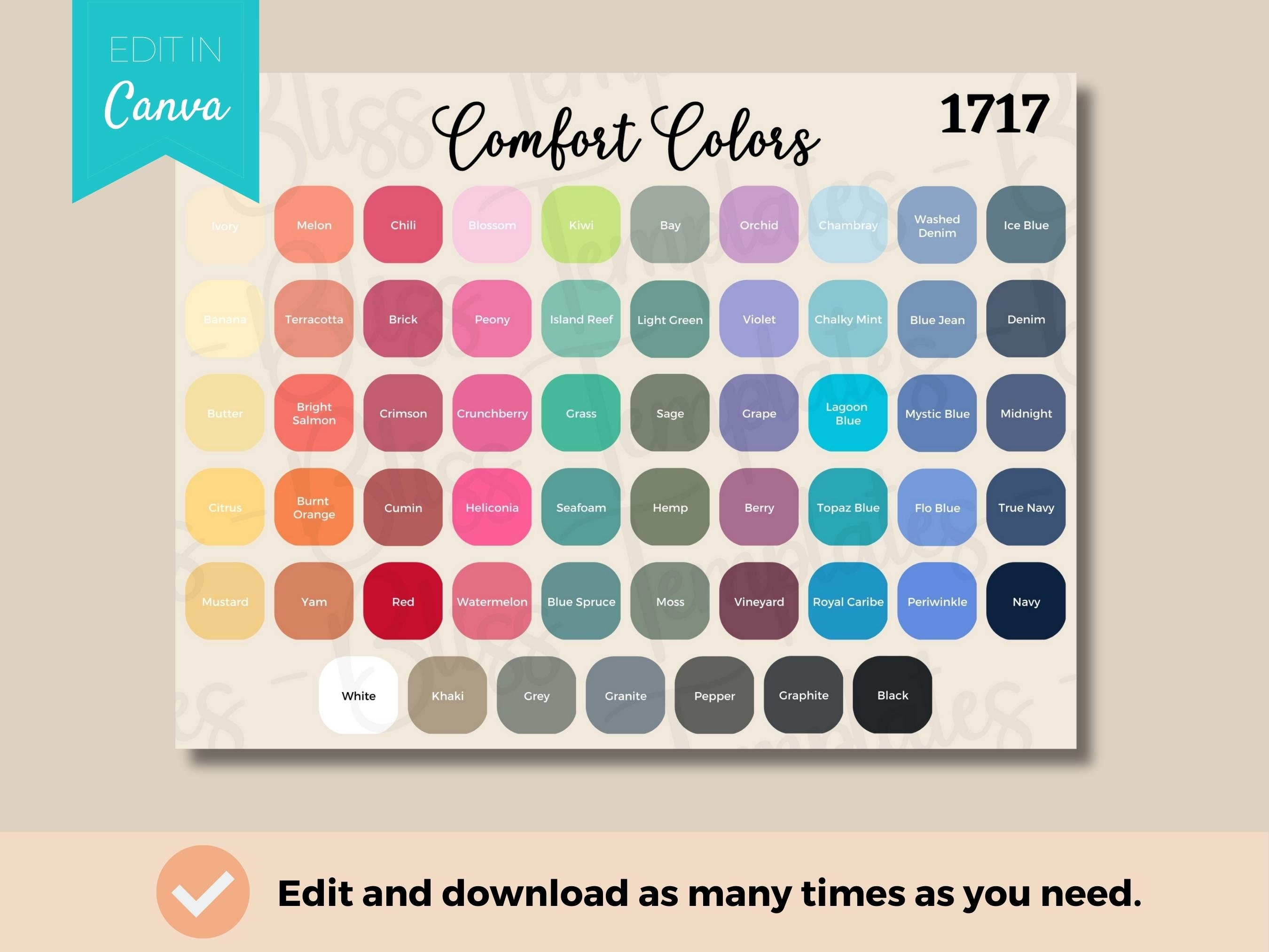 Comfort Colors Color Chart 1717, Editable Color Chart, POD Mockup for ...