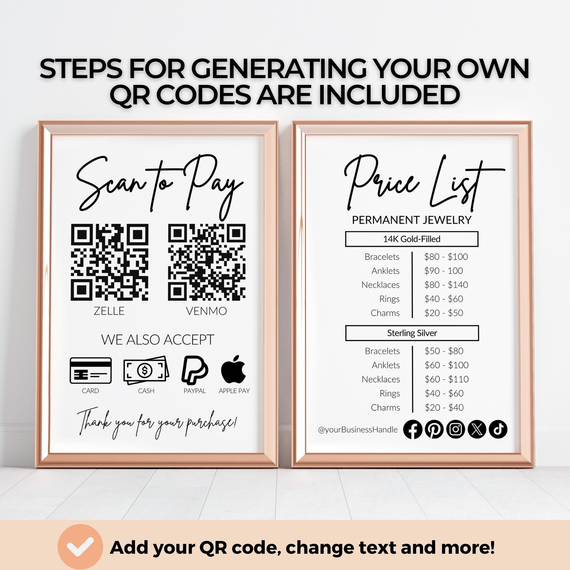 Permanent Jewelry Sign, Price List Sign Template, Canva Scan to Pay ...
