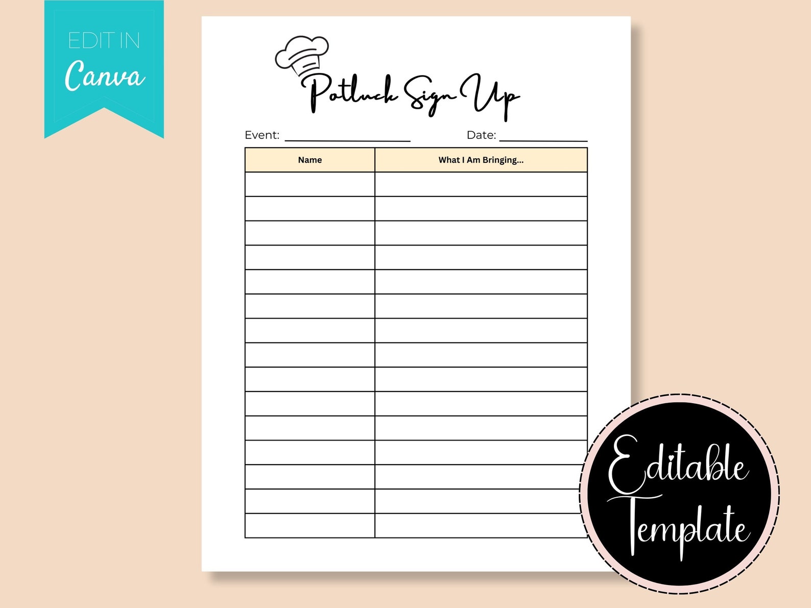 Potluck Sign up Sheet for Events, Food Sign up Sheet, Printable Sign up ...
