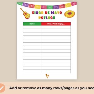 Cinco De Mayo Potluck Sign up Sheet, Food Sign up Sheet, Printable Sign ...