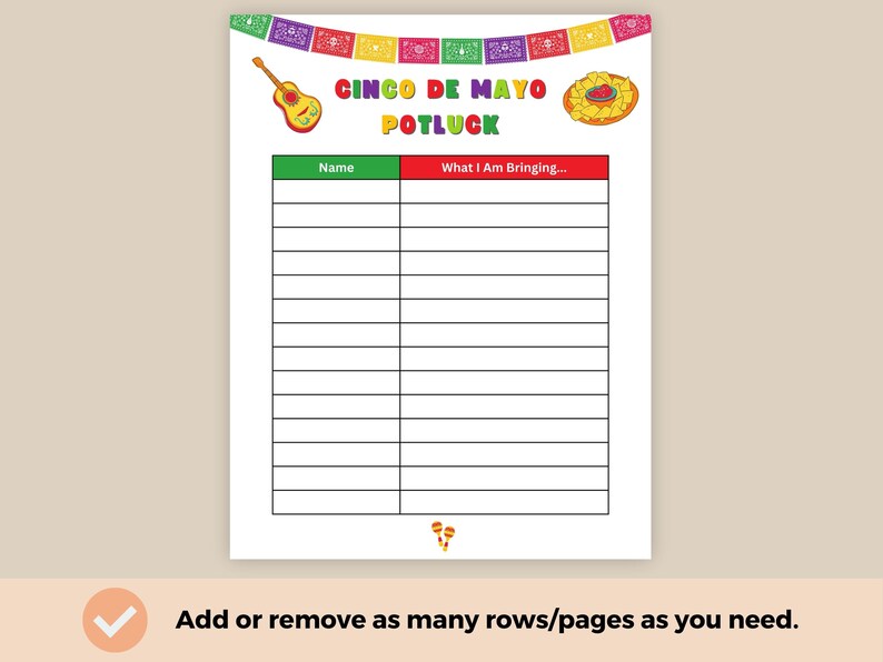 Cinco De Mayo Potluck Sign up Sheet, Food Sign up Sheet, Printable Sign ...