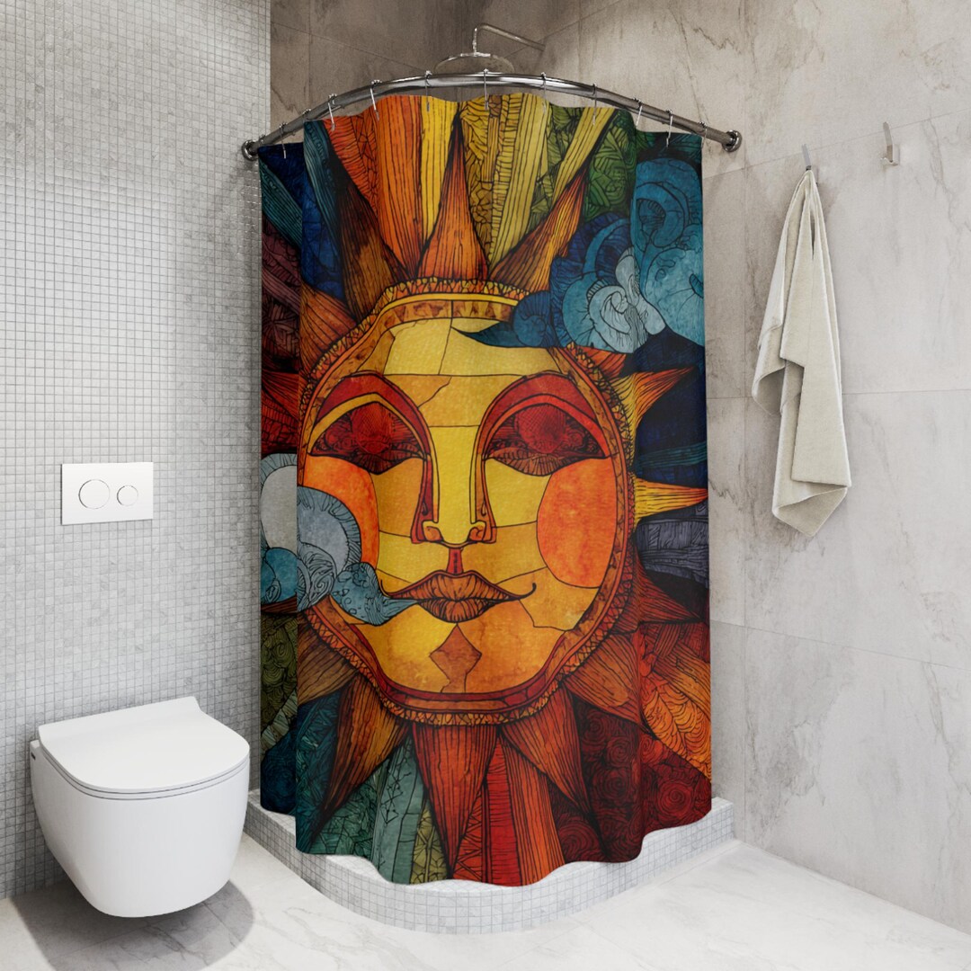Stained Glass Sun Face Shower Curtain | Boho Celestial Bathroom Decor ...