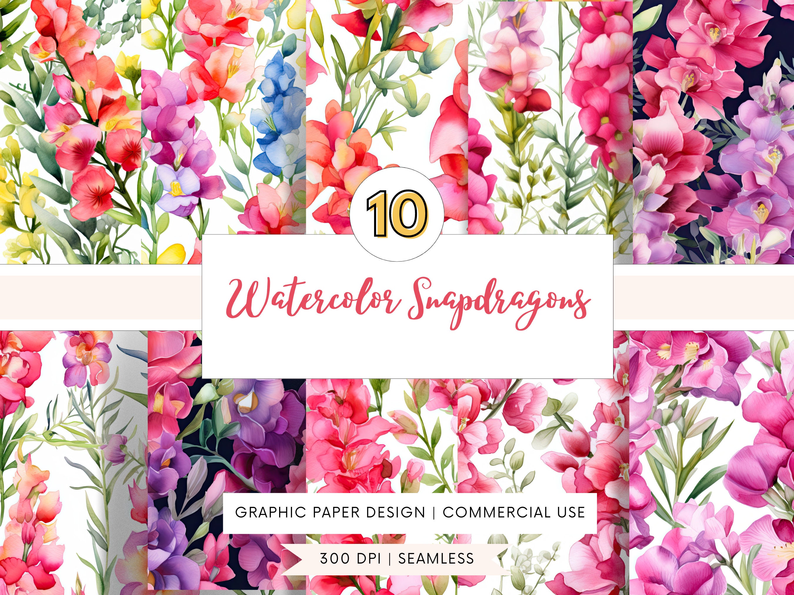 SEAMLESS Digital Paper - Watercolor Snapdragons - 10 Designs - - Print ...