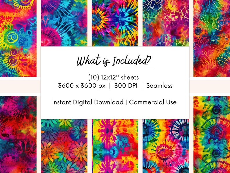 Vibrant Tie Dye Seamless Digital Paper: 10 JPG Designs (digital ...