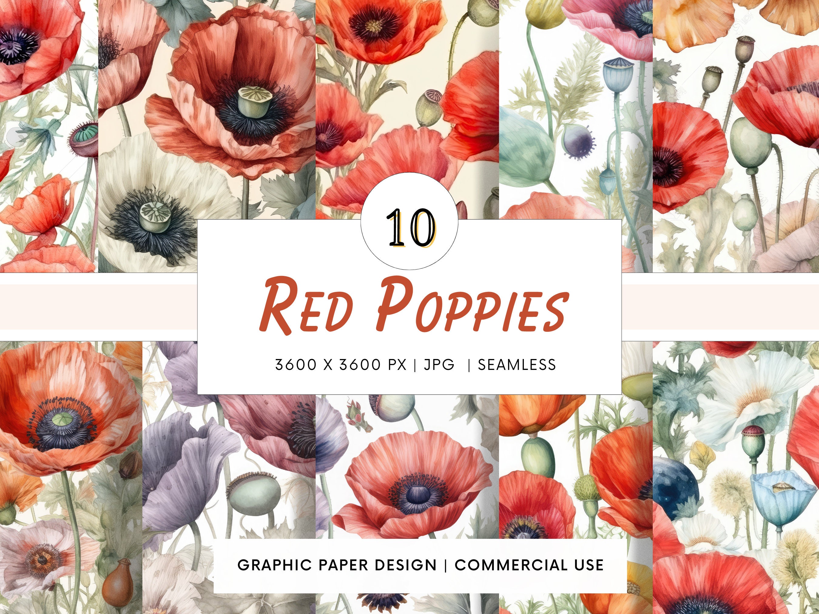 SEAMLESS Digital Paper - Red Poppies - 10 Designs - - Print on Demand ...