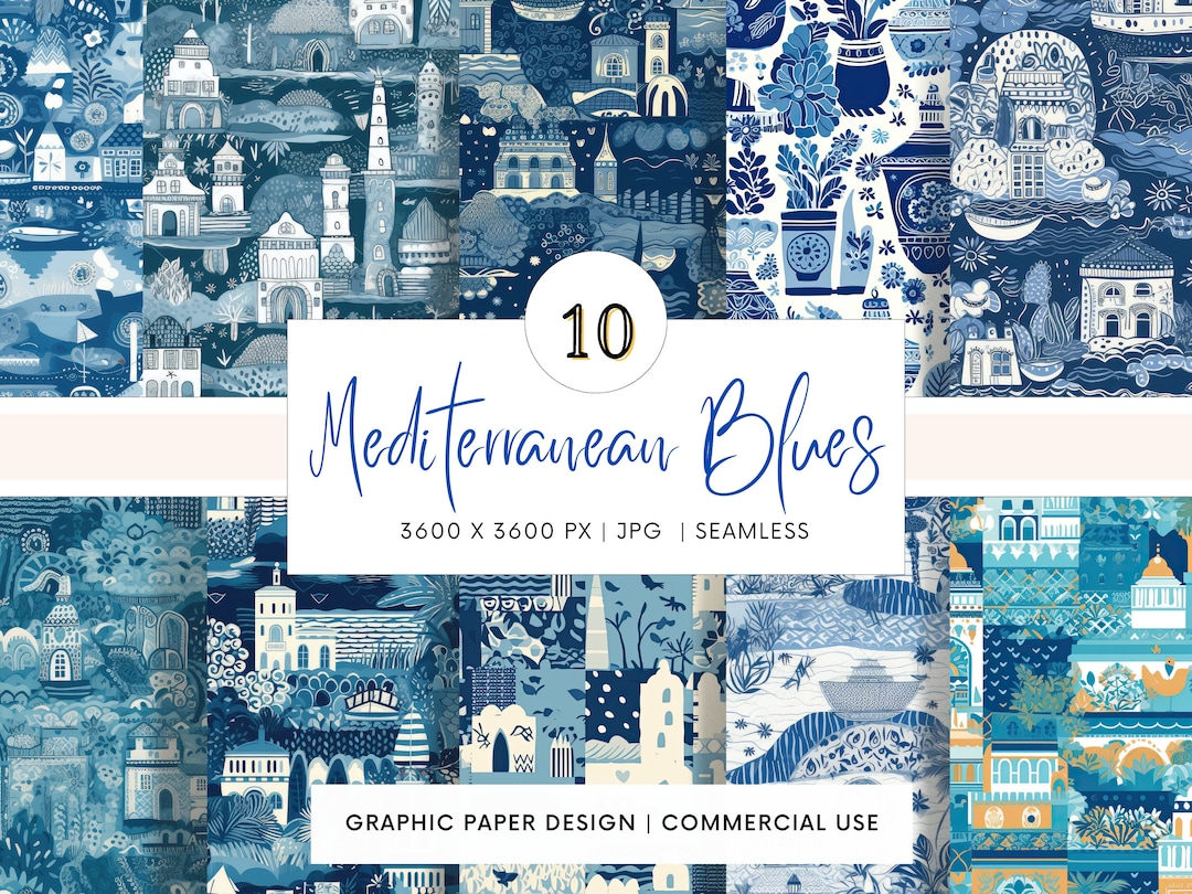SEAMLESS Digital Paper - Mediterranean Blues - 10 Designs - - Printable ...