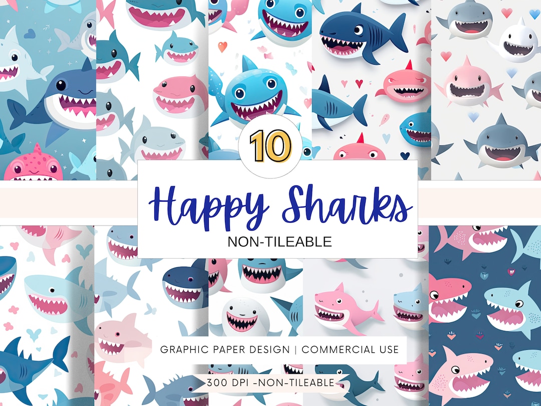 NOT-TILEABLE Digital Paper - Happy Sharks - 10 Designs - - Print on ...