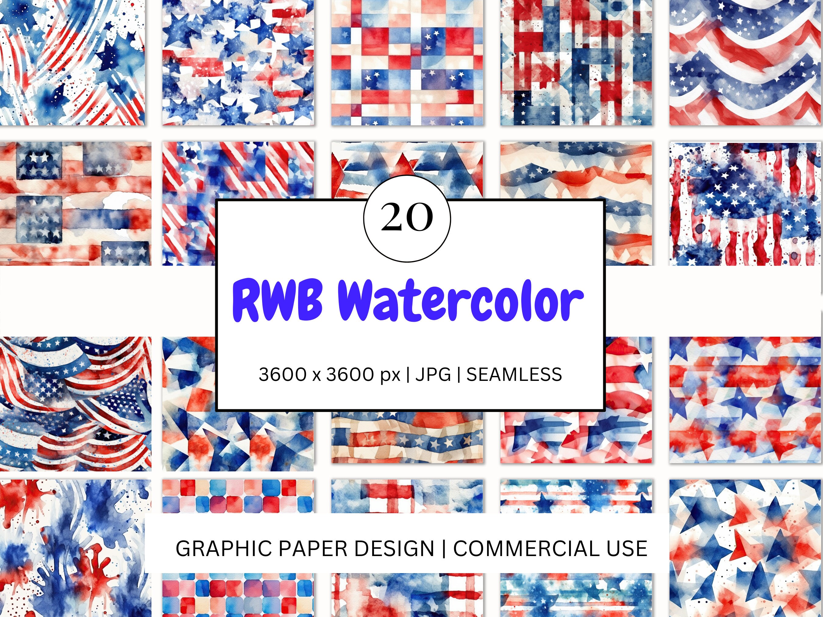 SEAMLESS Digital Paper RWB Watercolor 20 Designs Print on Demand ...