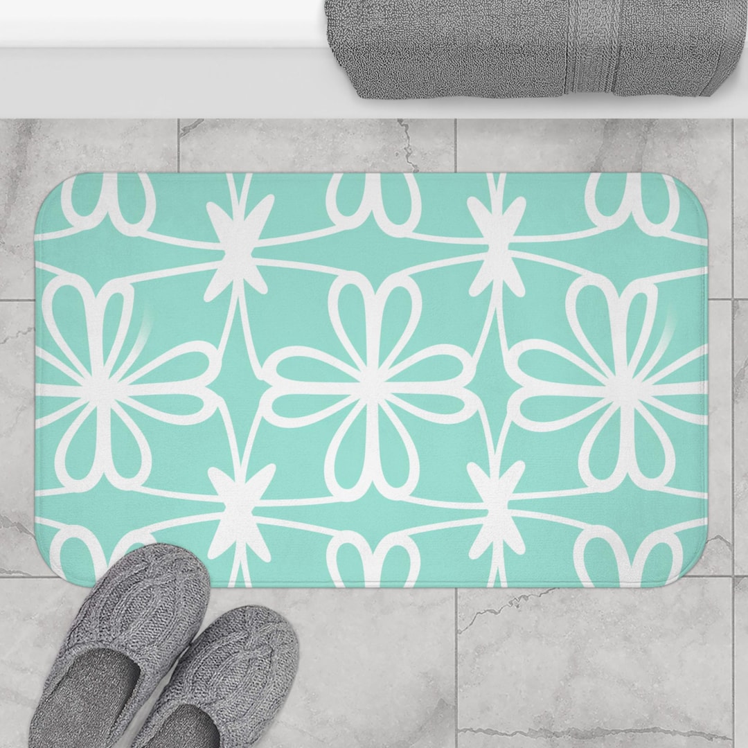 White Hand-drawn Daisy Pattern Bath Mat | Aqua Floral Bathroom Rug - Etsy