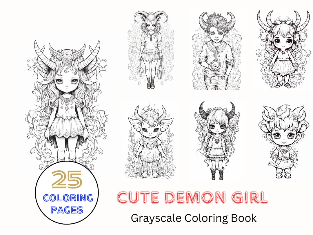 25 Cute Demon Girl Coloring Pages - GRAYSCALE - Coloring Book for ...