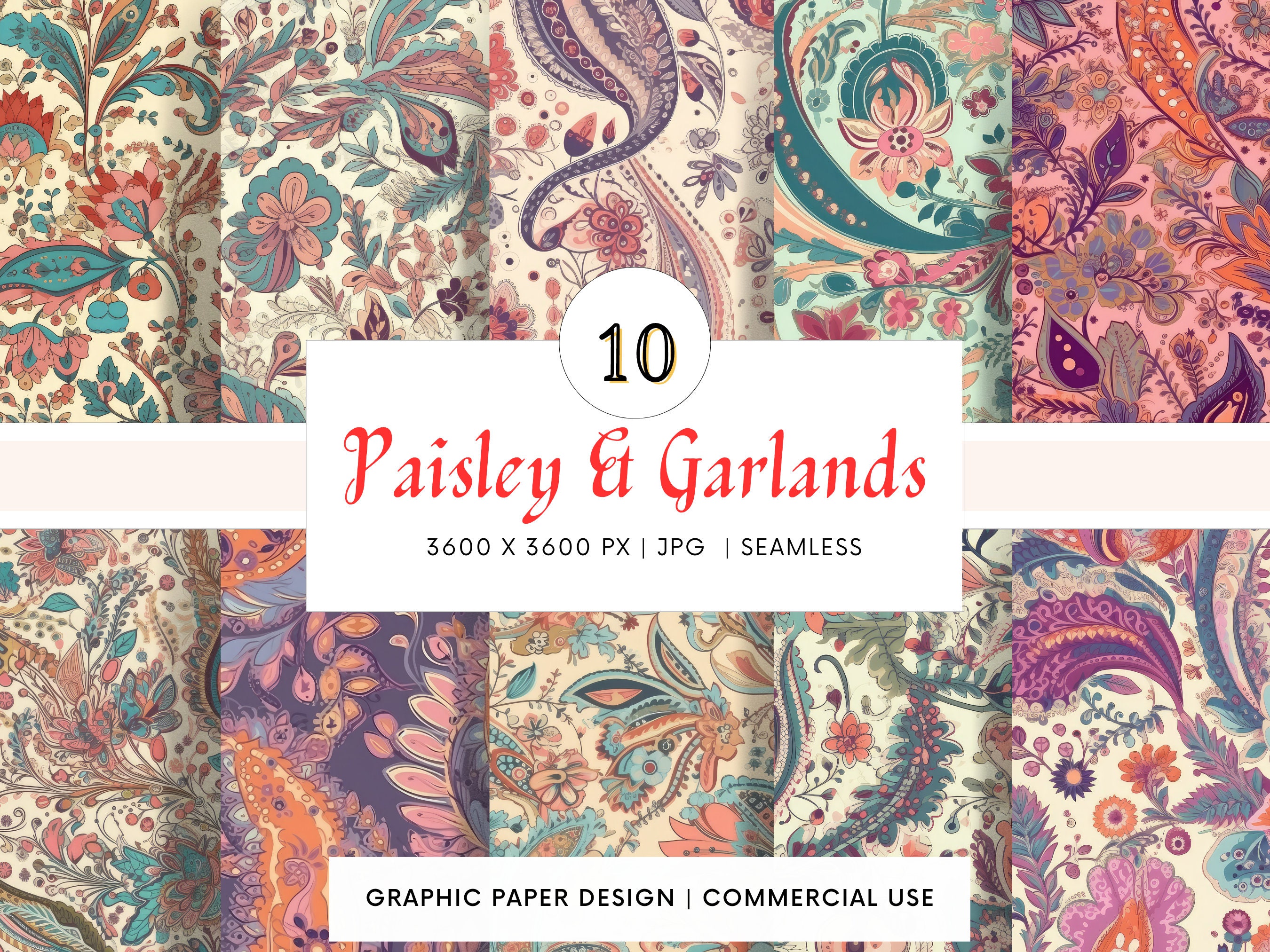 SEAMLESS Digital Paper Paisley & Garlands 10 Designs Print on Demand ...