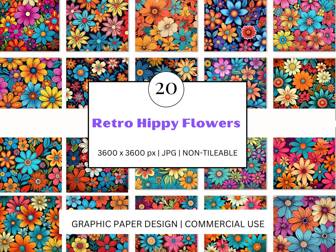 Retro Hippie Flowers Scrapbook Paper: 10 Printable 12x12 Digital ...