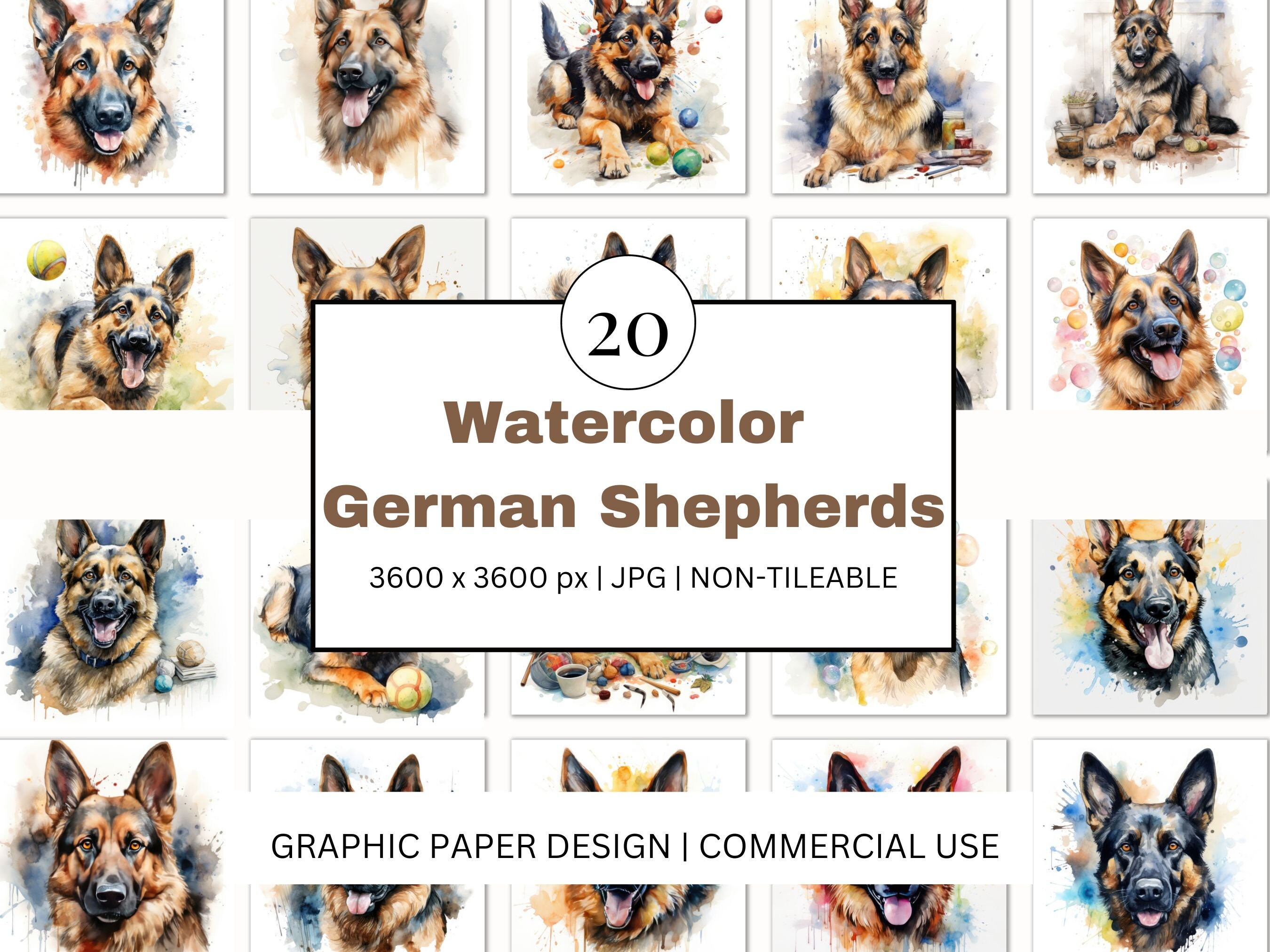 NOT-TILEABLE Digital Paper Watercolor German Shepherds 20 Designs Print ...