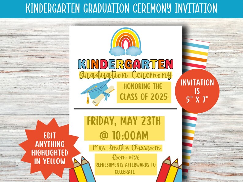 Bright Rainbow Kindergarten Graduation Invitation – Colorful & Fun ...