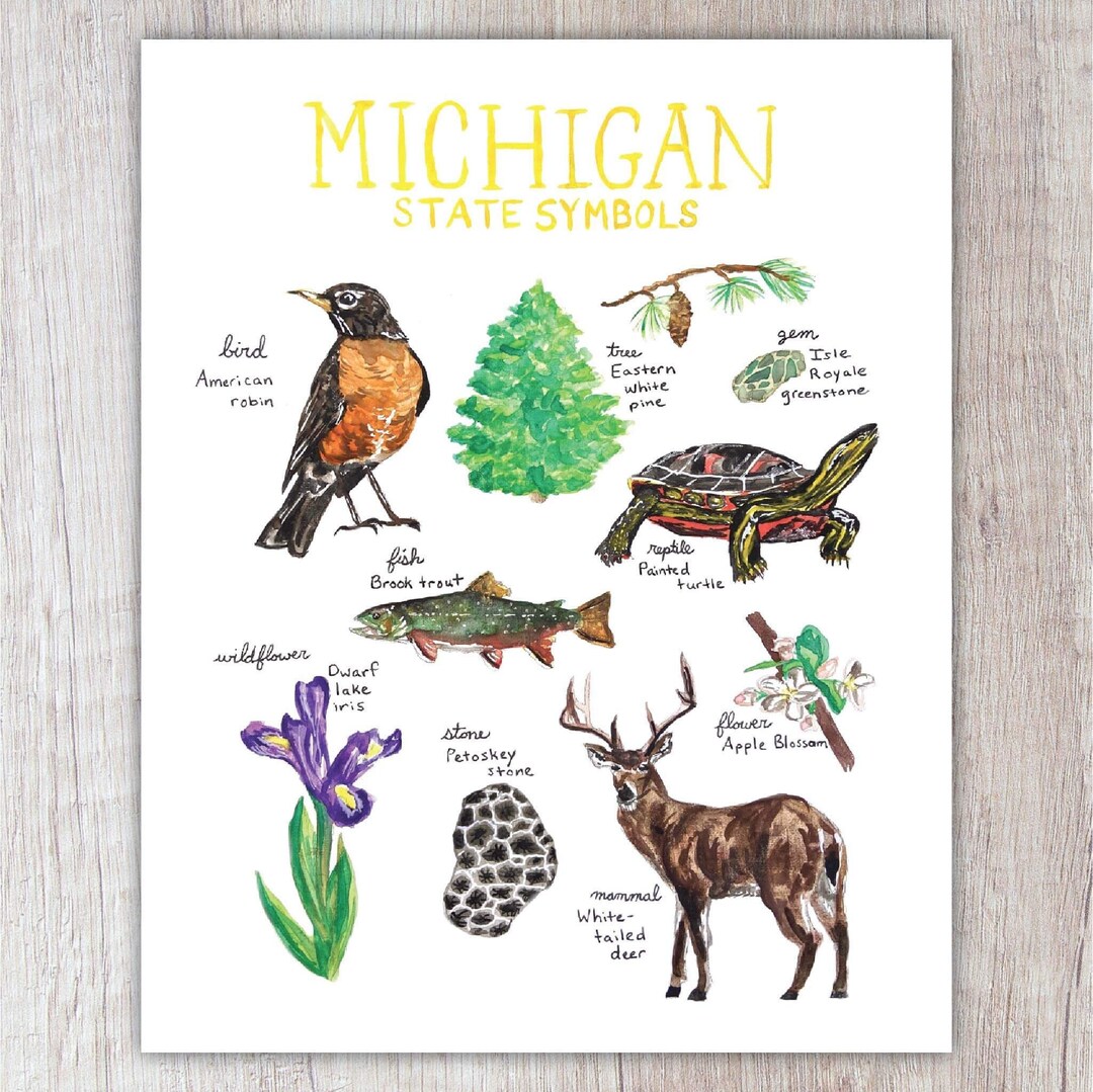 Michigan State Symbols Art Print / Watercolor Painting / Nature Print ...