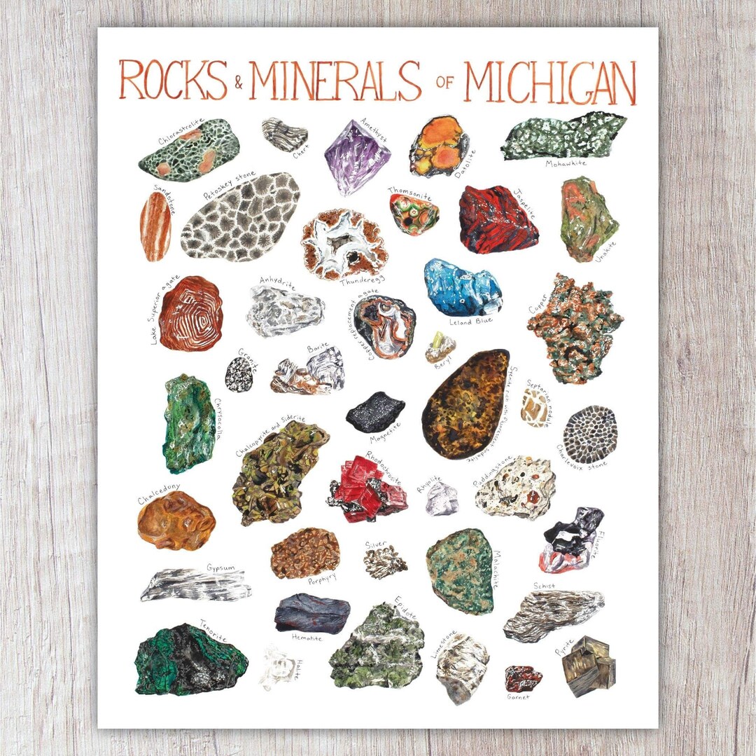 Rocks & Minerals of Michigan Art Print / Watercolor Painting / Nature ...