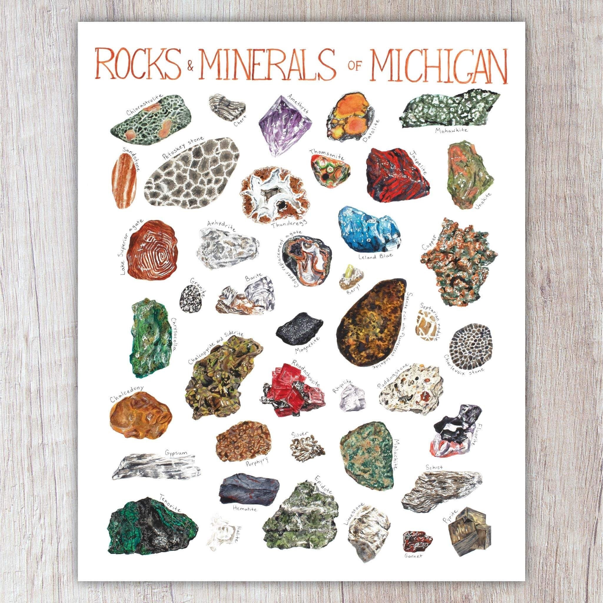 Rocks & Minerals of Michigan Art Print / Watercolor Painting / Nature ...