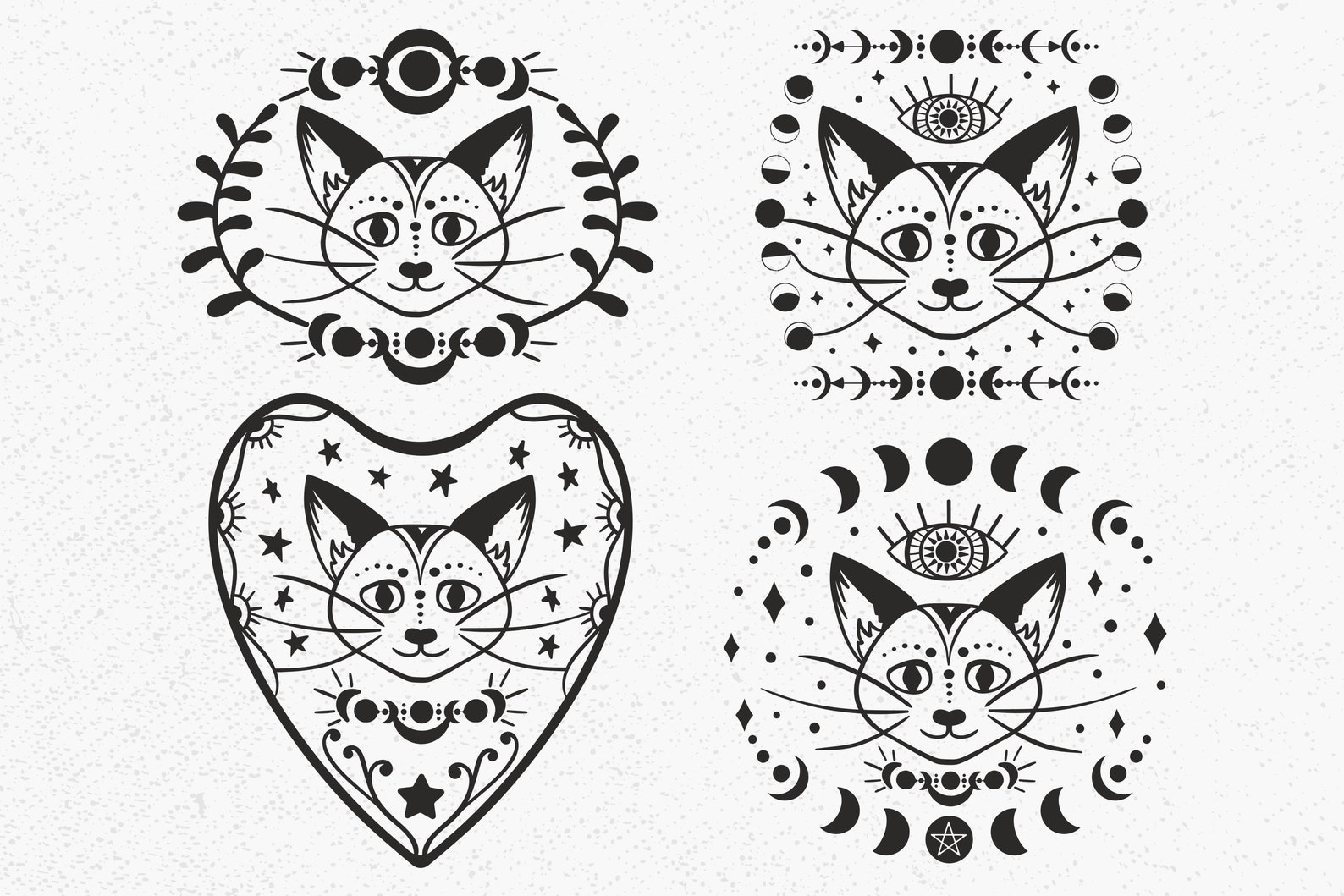 Celestial Cat Face Around Moon Phases, Bee Digital Art Bundle, Honey ...