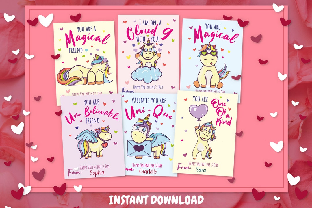 Printable Unicorn Valentine's Day Cards, Cute Classroom Valentine's Day ...