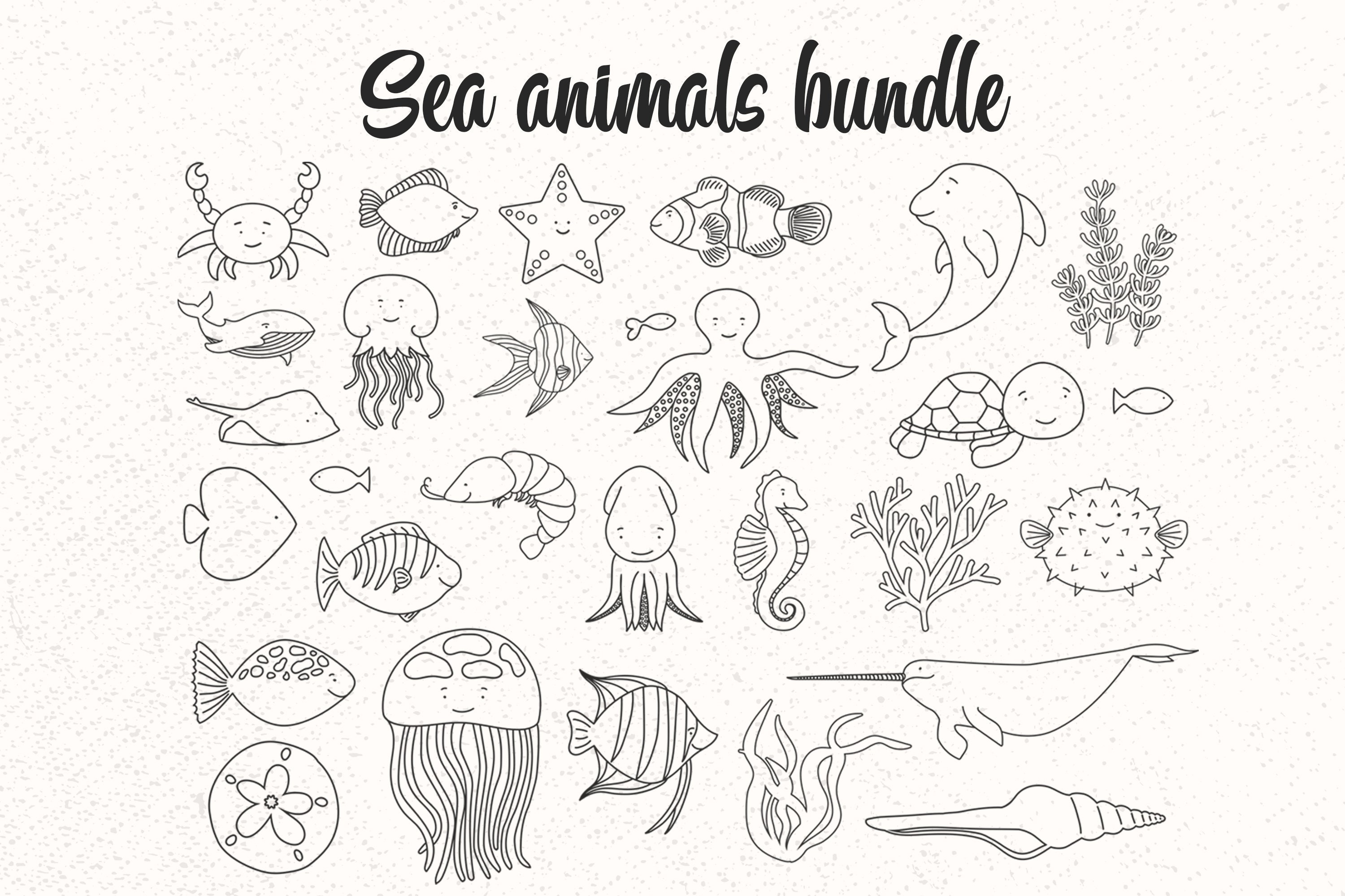 Sea Animals Bundle Svg, Sea Animal Svg, Silhouette, Line-work, Baby ...