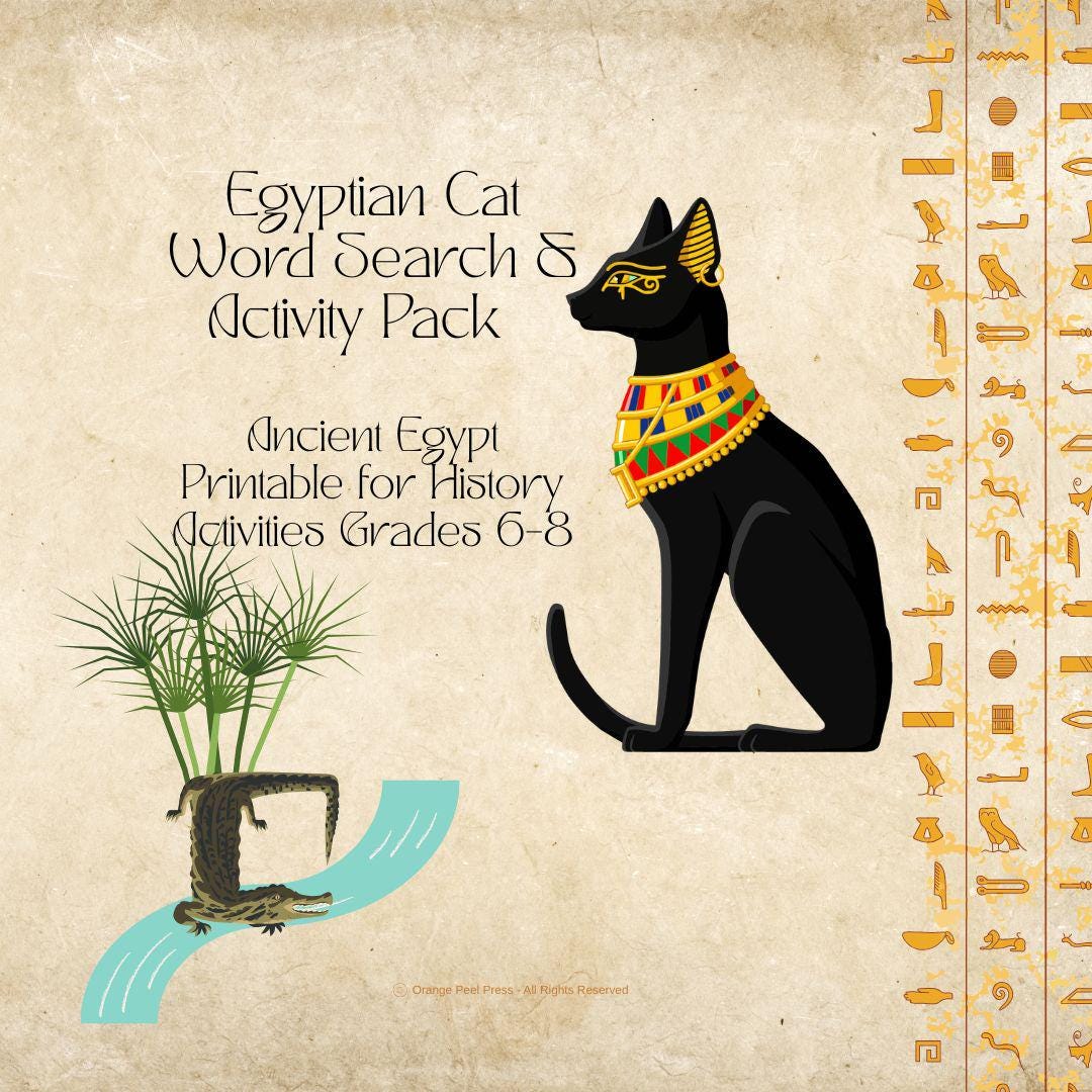 Egyptian Cat Word Searches & Work Page Activity 6 to 8 Grades Digital ...
