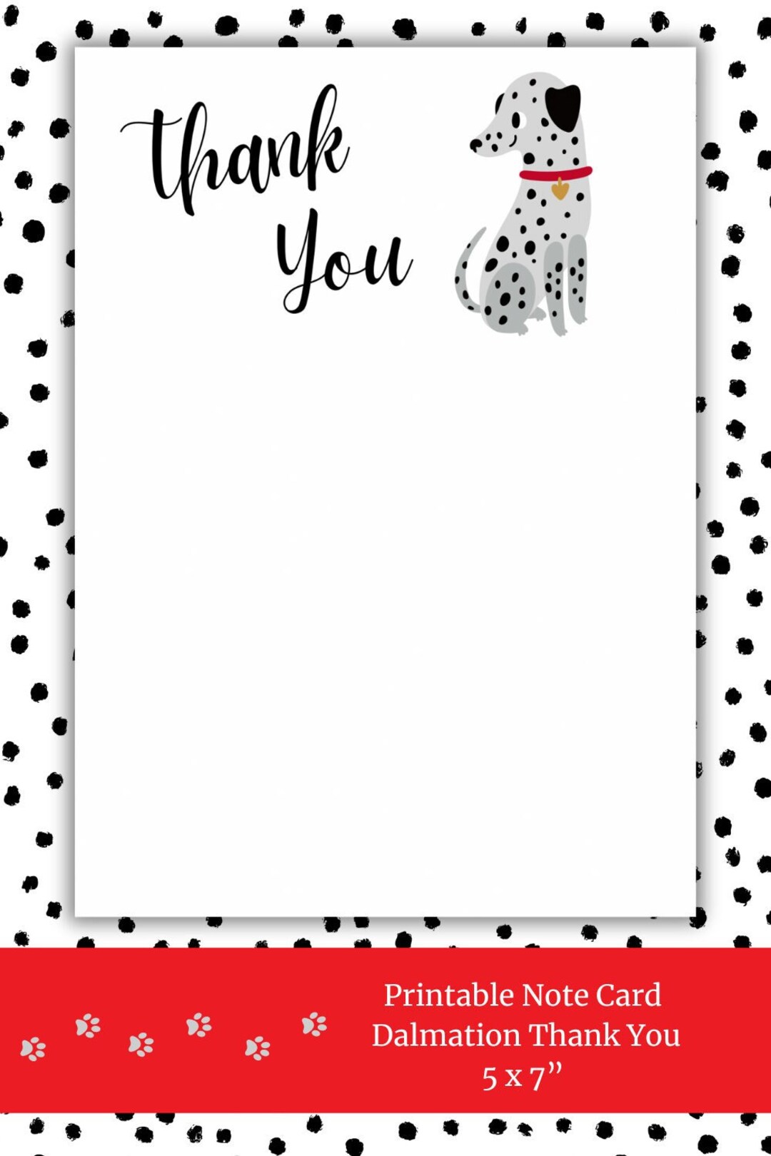 Printable Thank You Note Card - Dalmatian Thankyou Note - 5 X 7 Inches ...