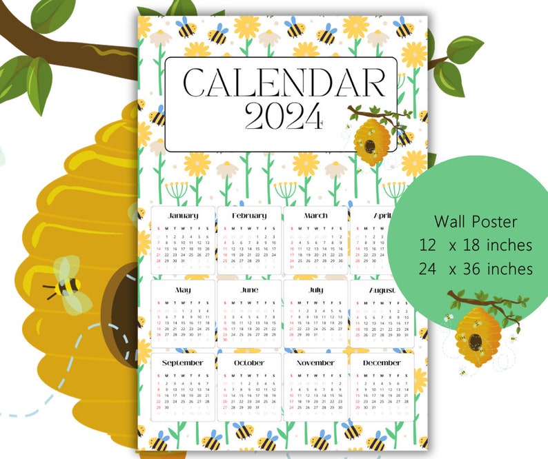 Wall Calendar 2024 Busy Bee 12 Month Calendar Matte Vertical Poster - Etsy
