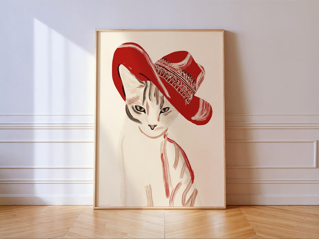 White Cat in Red Cowgirl Hat Wall Art - Western Kitty Painting Trendy ...