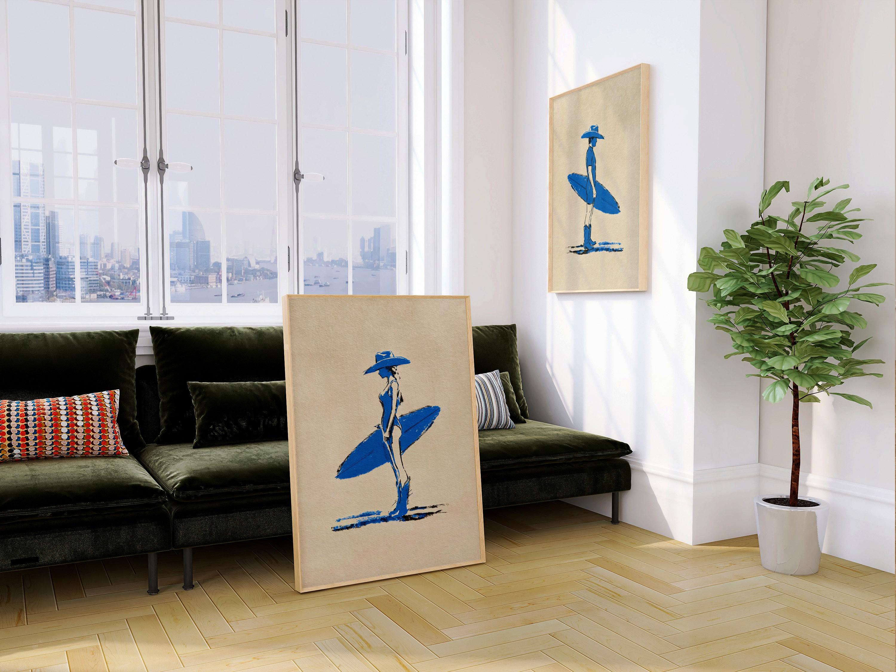 Coastal Surfer Cowgirl Cowboy Wall Art Set of 2 Prints, Blue Surf ...