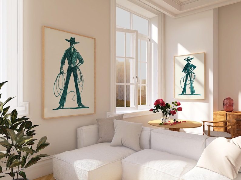 Teal Cowboy Cowgirl Line Art Prints Set of 2: Modern Western Ranch ...