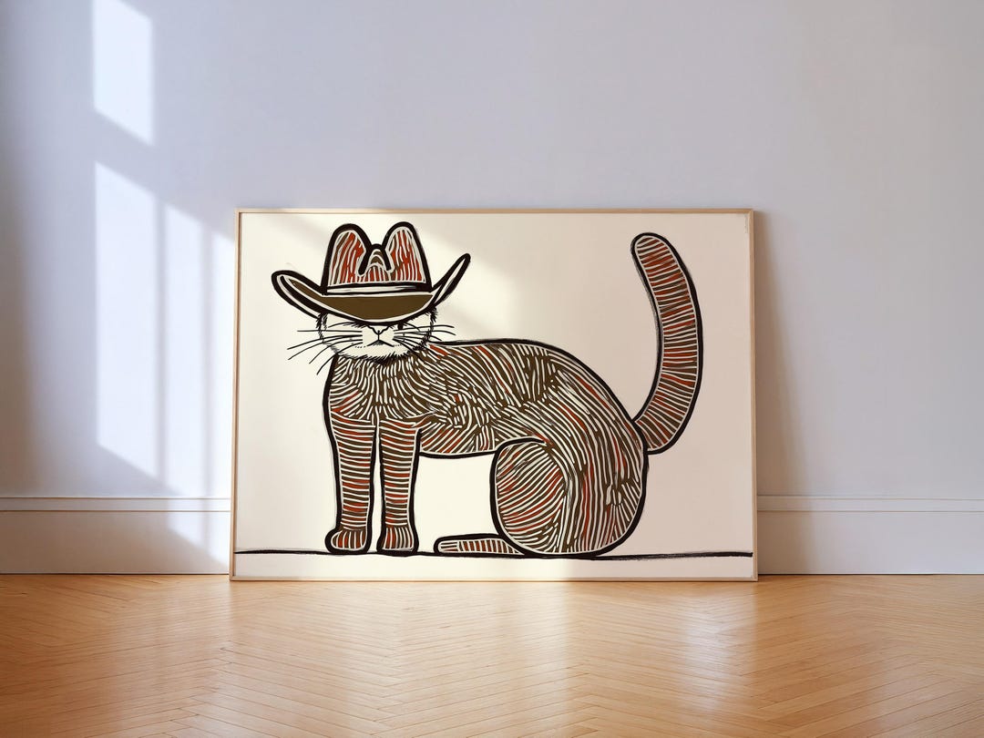 Boho Western Cat Print: Cowboy Cowgirl Line Drawing Wall Art for ...