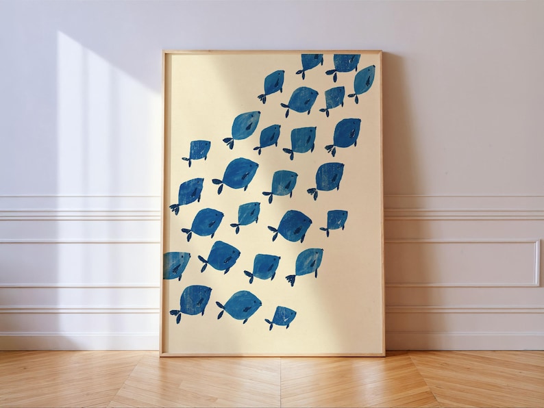 Blue Fish School Folk Art Print: Nautical Square Body Wall Art - Etsy