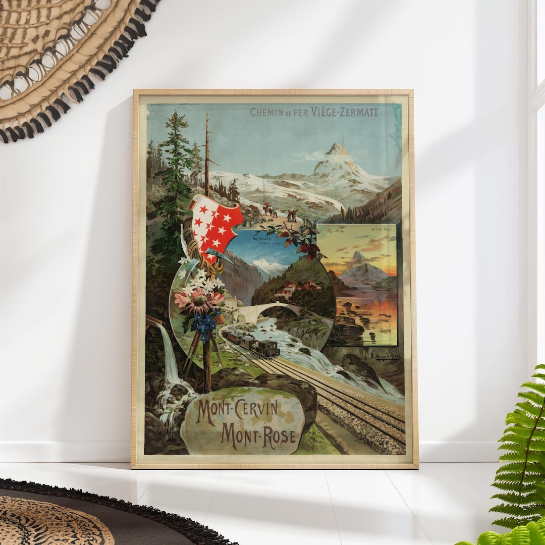 Vintage Swiss Alps Poster, Mont Cervin Wall Art, Railway Travel Print ...