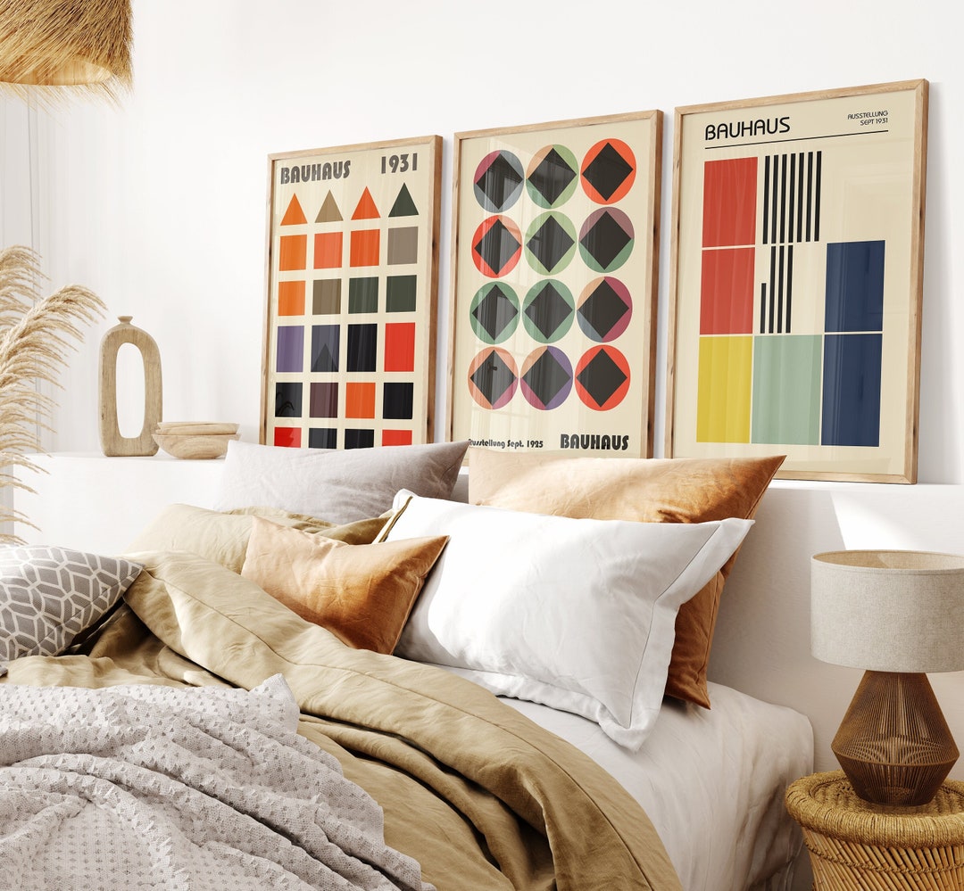 Set of 3 Colorful Bauhaus Posters Abstract Wall Art Pattern Midcentury ...