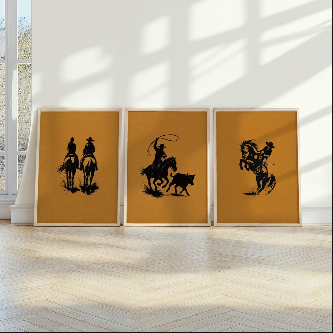 Western Wall Art Print Set of 3, Cowboy Rodeo Poster Trio, Rustic Ranch ...