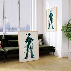 Teal Cowboy Cowgirl Line Art Prints Set of 2: Modern Western Ranch ...